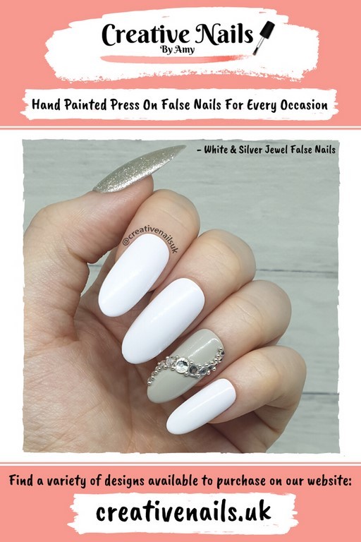 White & Silver Jewel False | Creative Nails